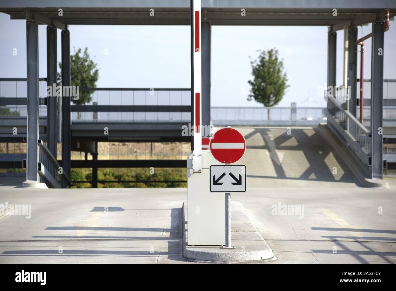 The exit of a multi-storey car park with a large No entry sign and a ...