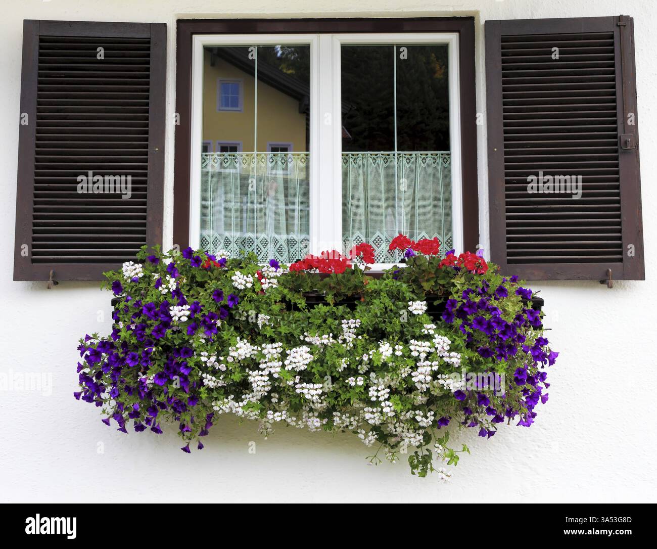 Picturesque window with flower pots. Dachstein huge tourist complex in ...