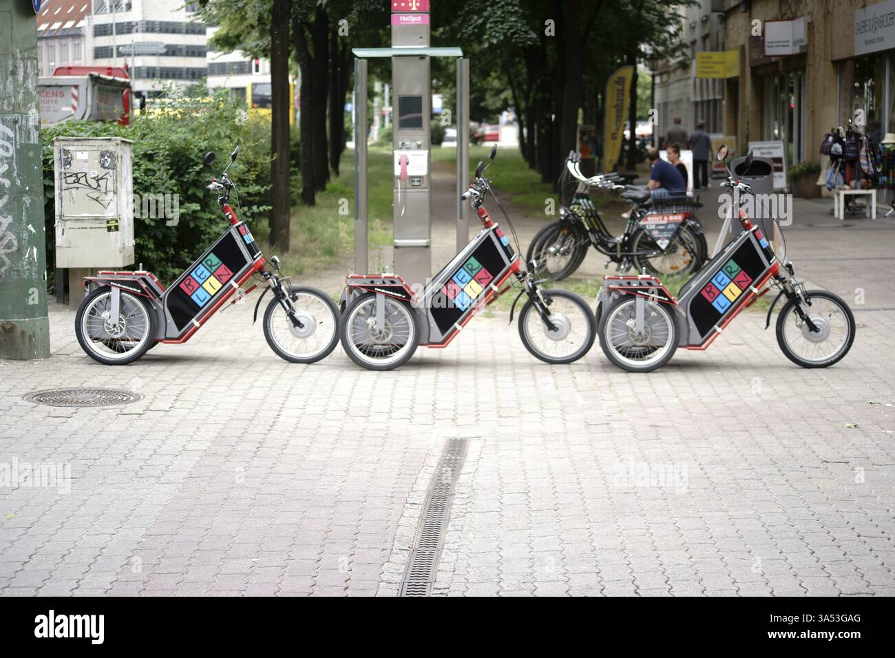 Berlin, Germany - June 21, 2016: Bicycles and tricycles are lined up in ...