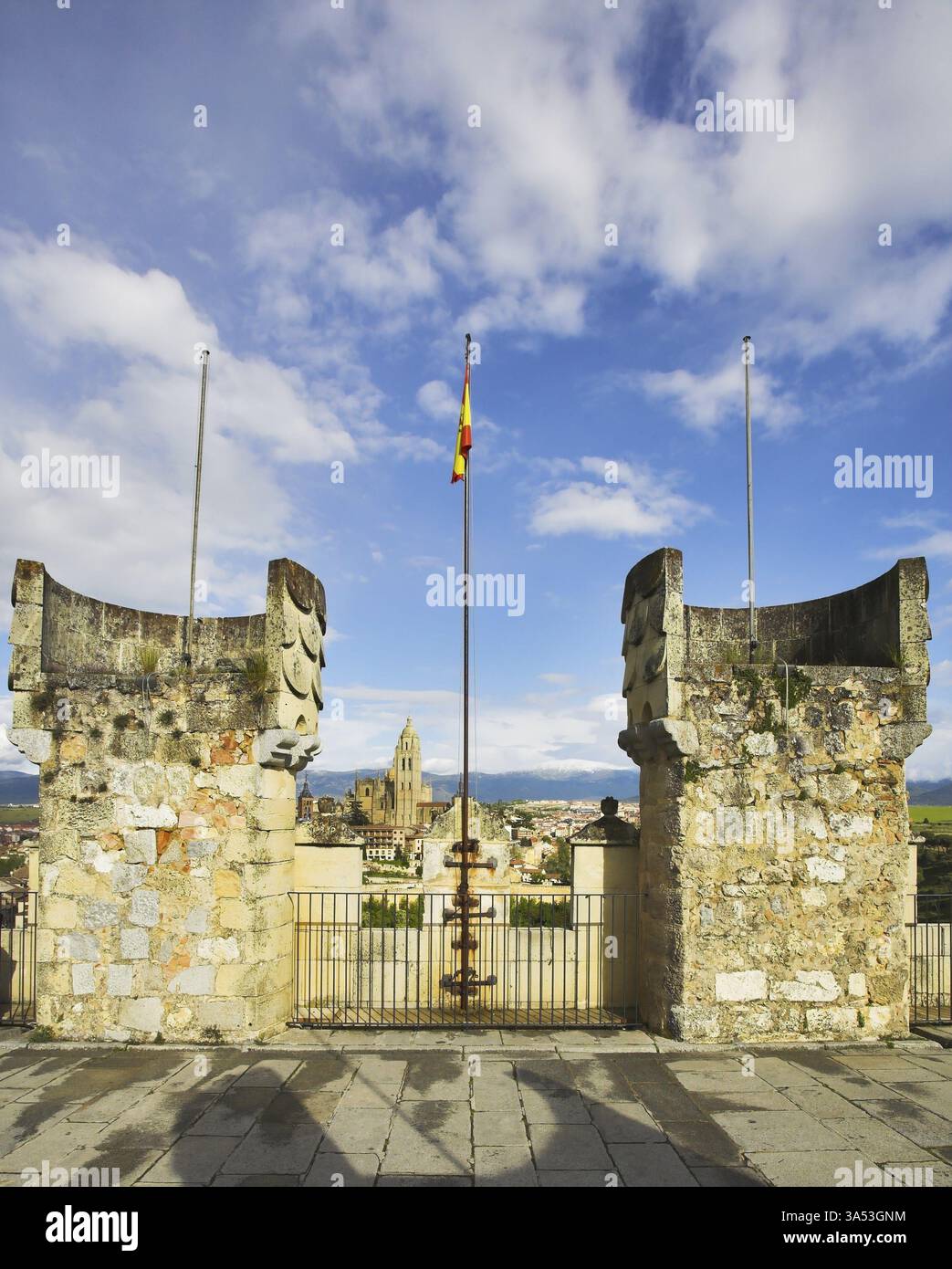 Survey platform on a roof medieval palace and magnificent landscape on ...