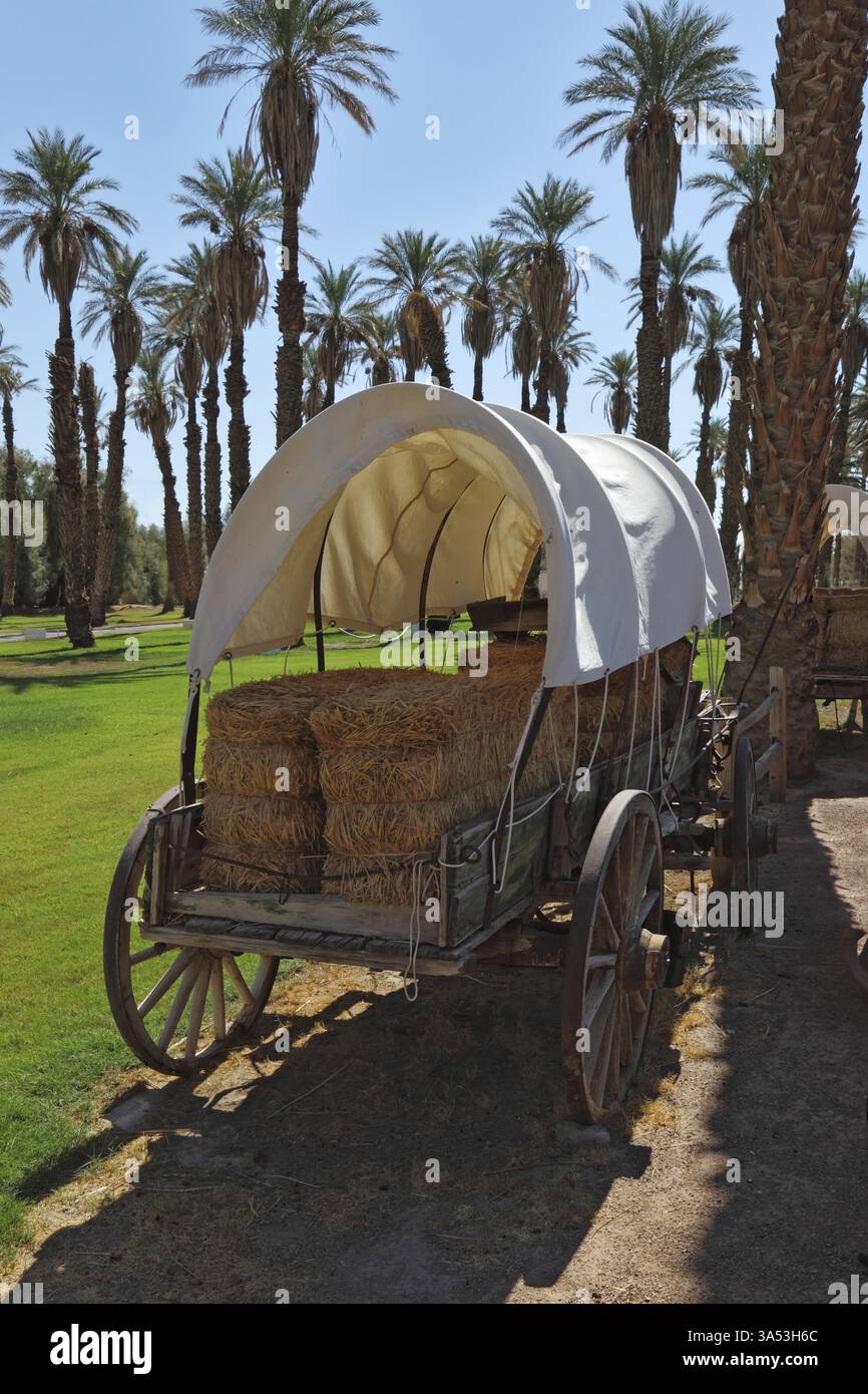 The open air museum. Restored antique wagon of the first settlers in ...