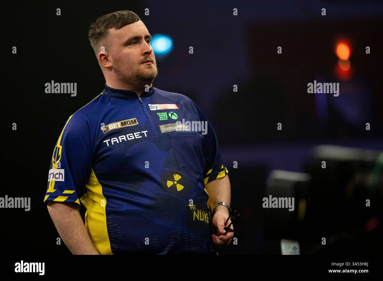 Luke Littler of England reacts during his match against Rob Cross.. The ...