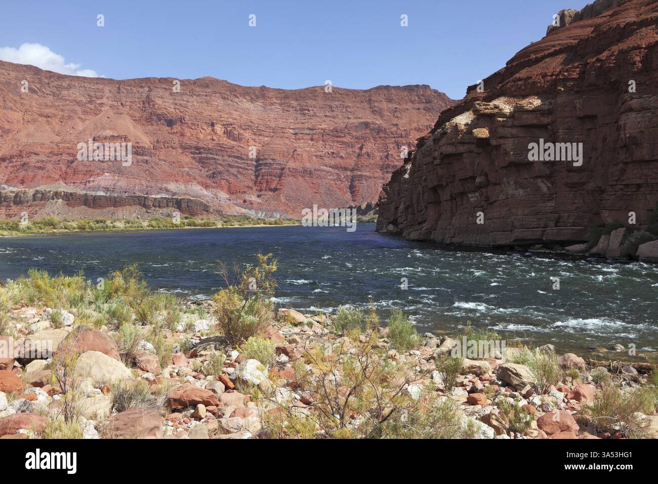 The majestic cliffs of red sandstone and rapids of the Colorado River ...