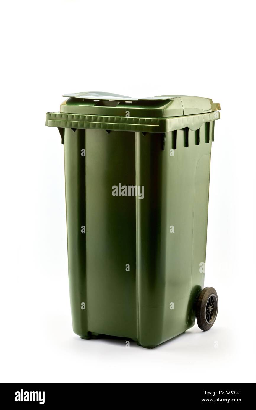 A Green Plastic Trash Can with a Lid and Wheel, Perfect for Outdoor ...