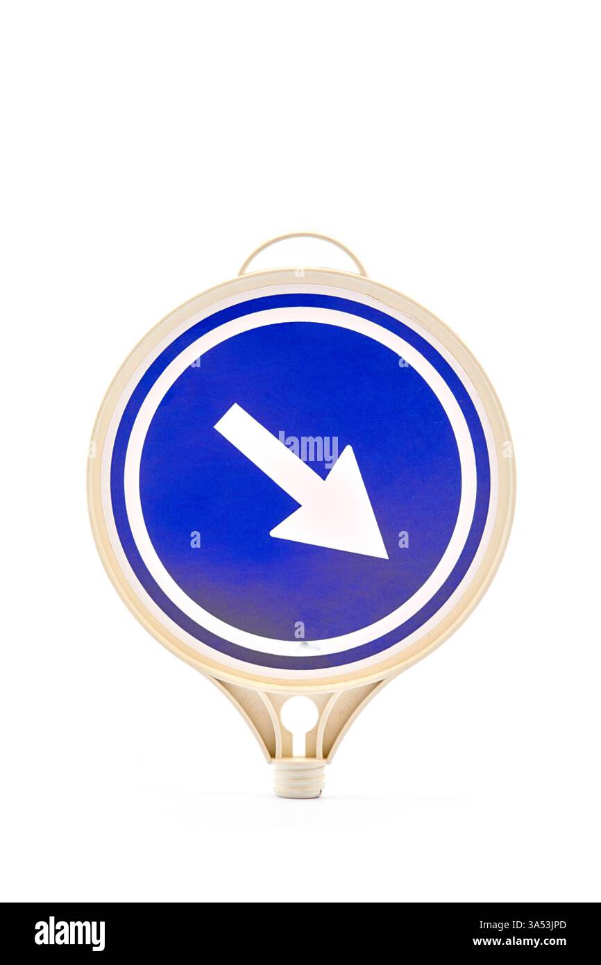 A Bold Blue Directional Road Sign Indicating a Left Turn with a White ...