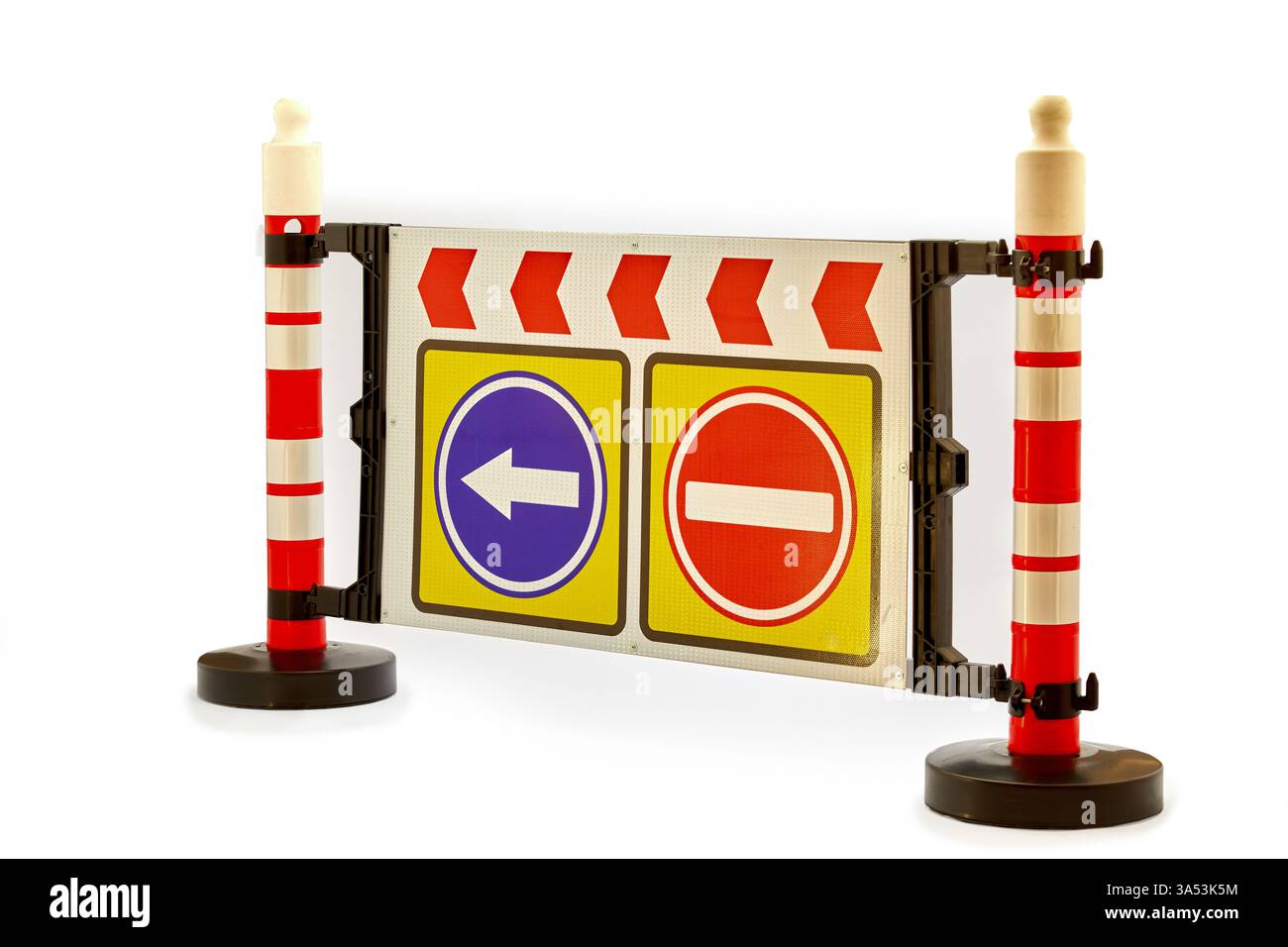Colorful Traffic Barrier with Directional Signs Indicating Left Turn ...