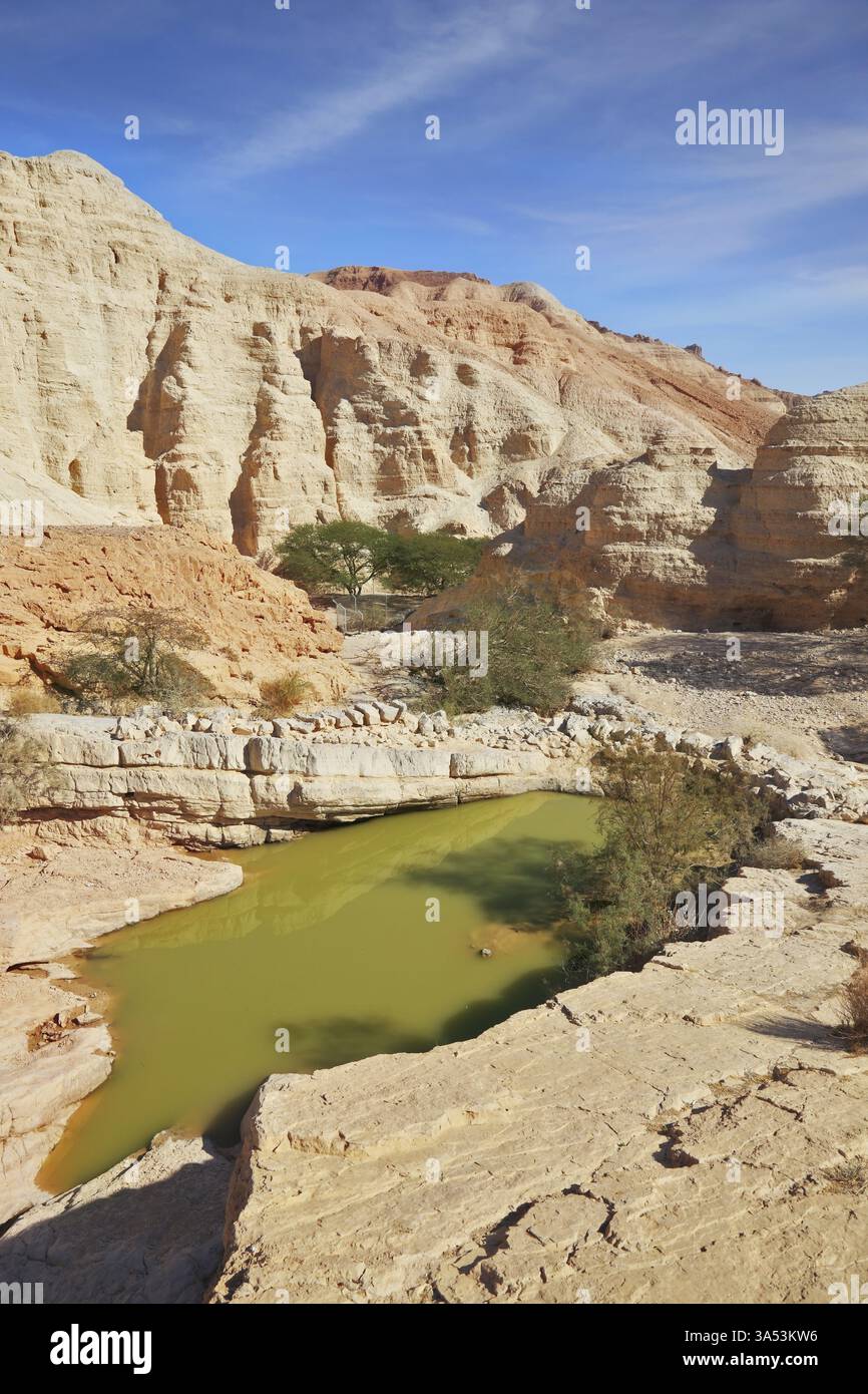Canyon in ancient mountains at the Dead Sea. A big pool with the ...