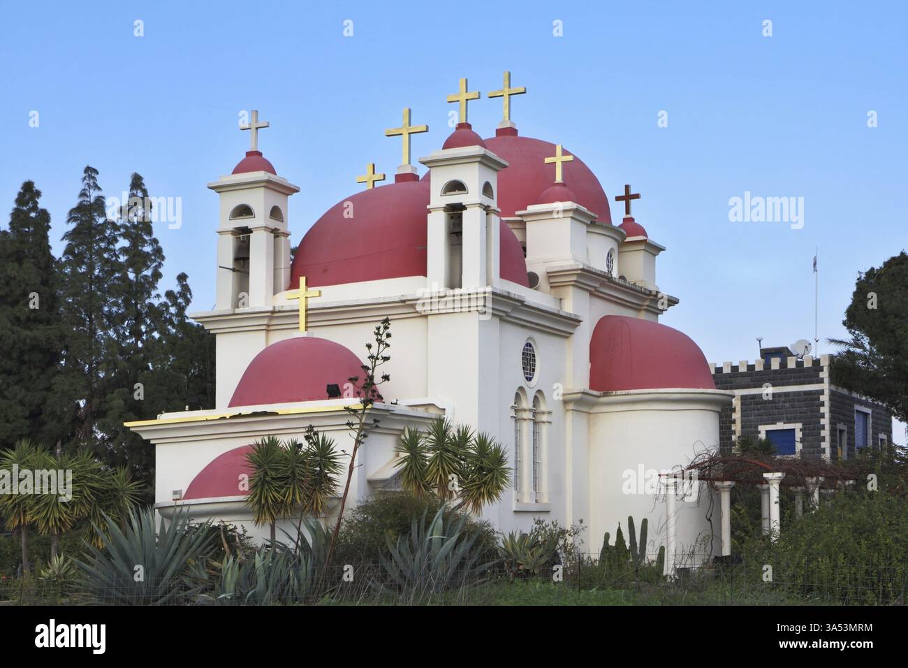 Greek Orthodox Monastery of the Twelve Apostles. Bright pink dome ...