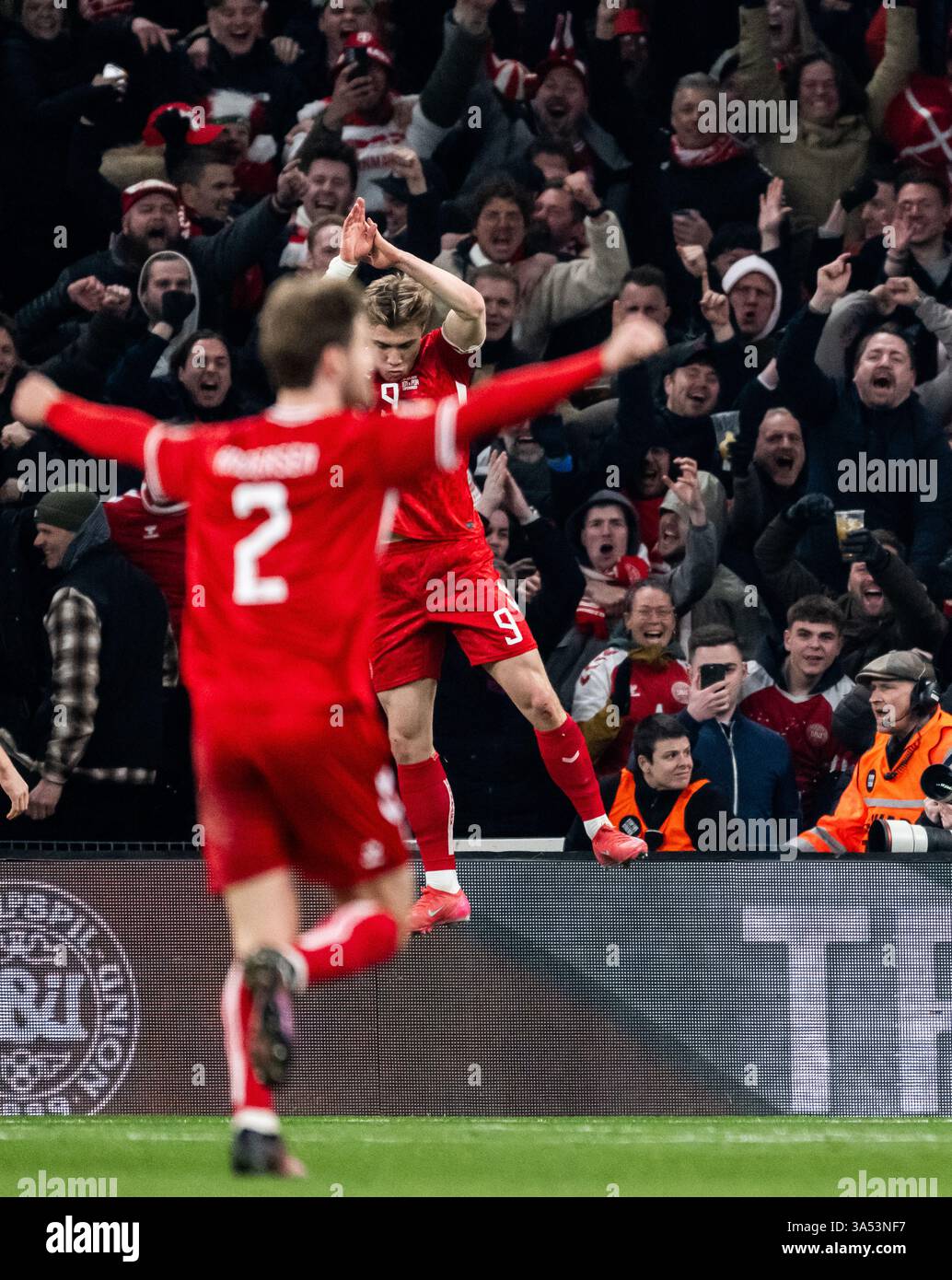 250320 Rasmus Højlund of Denmark celebrates after scoring the 1-0 goal ...