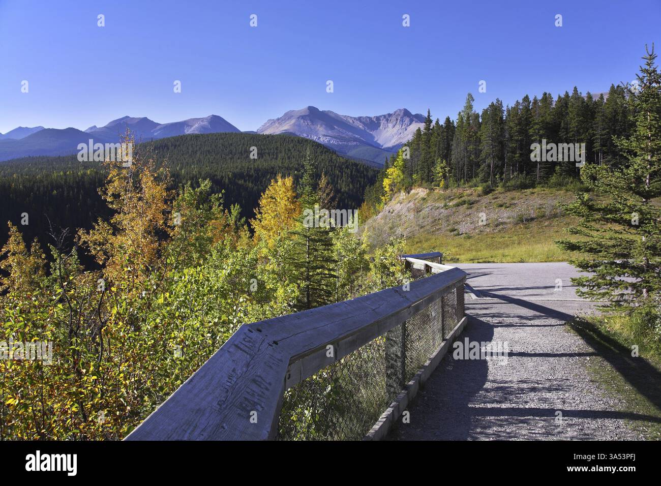 The small wooden bridge through a stream in a valley surrounded by ...