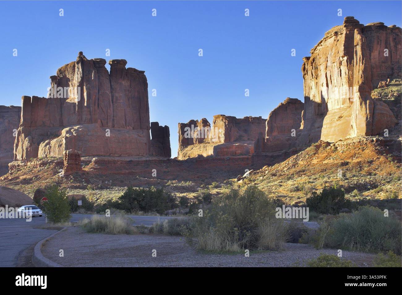 Natural hills of unusual forms from sandstone and the modern car on ...