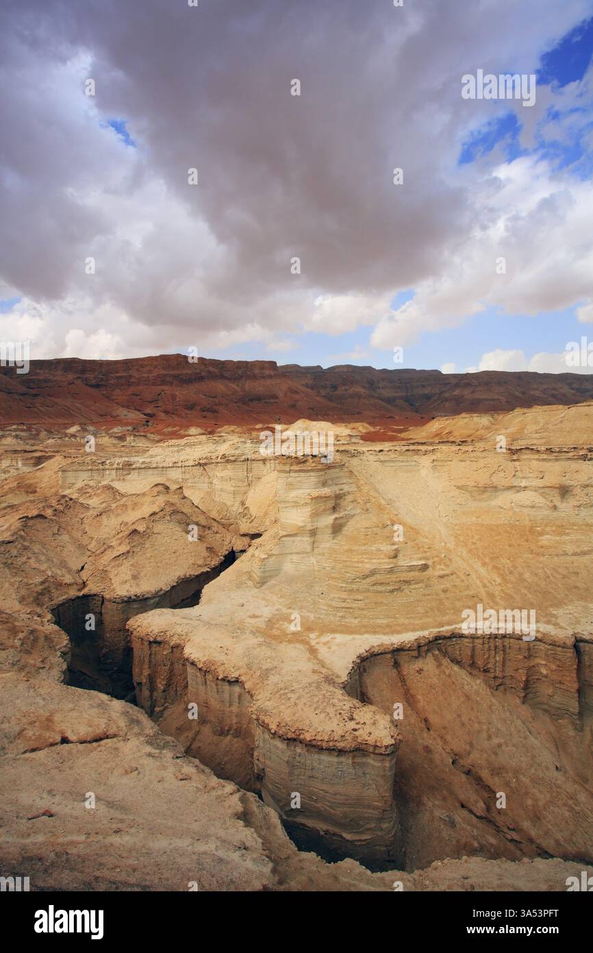 Huge dry sandy canyon in ancient mountains of the Dead Sea Stock Photo ...