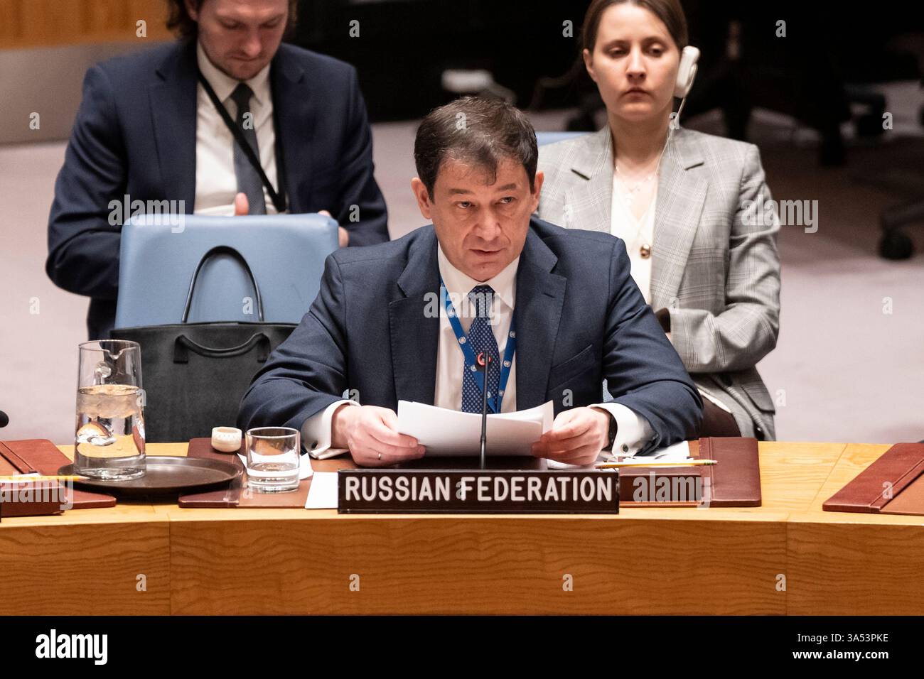 New York, NY, March 20, 2025: Ambassador Dmitry Polyanskiy of Russia speaks during Security ...