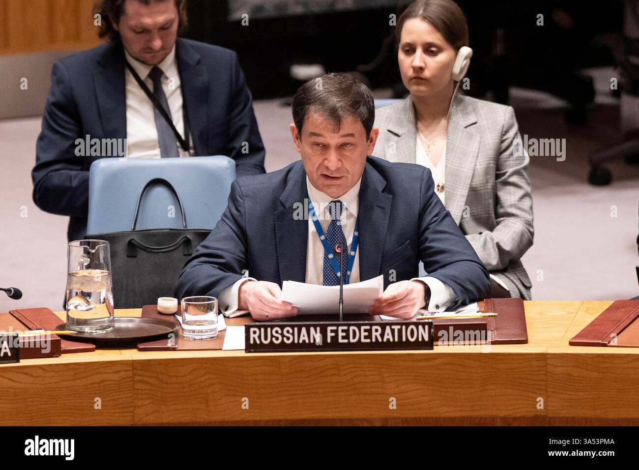 New York, NY, March 20, 2025: Ambassador Dmitry Polyanskiy of Russia speaks during Security ...