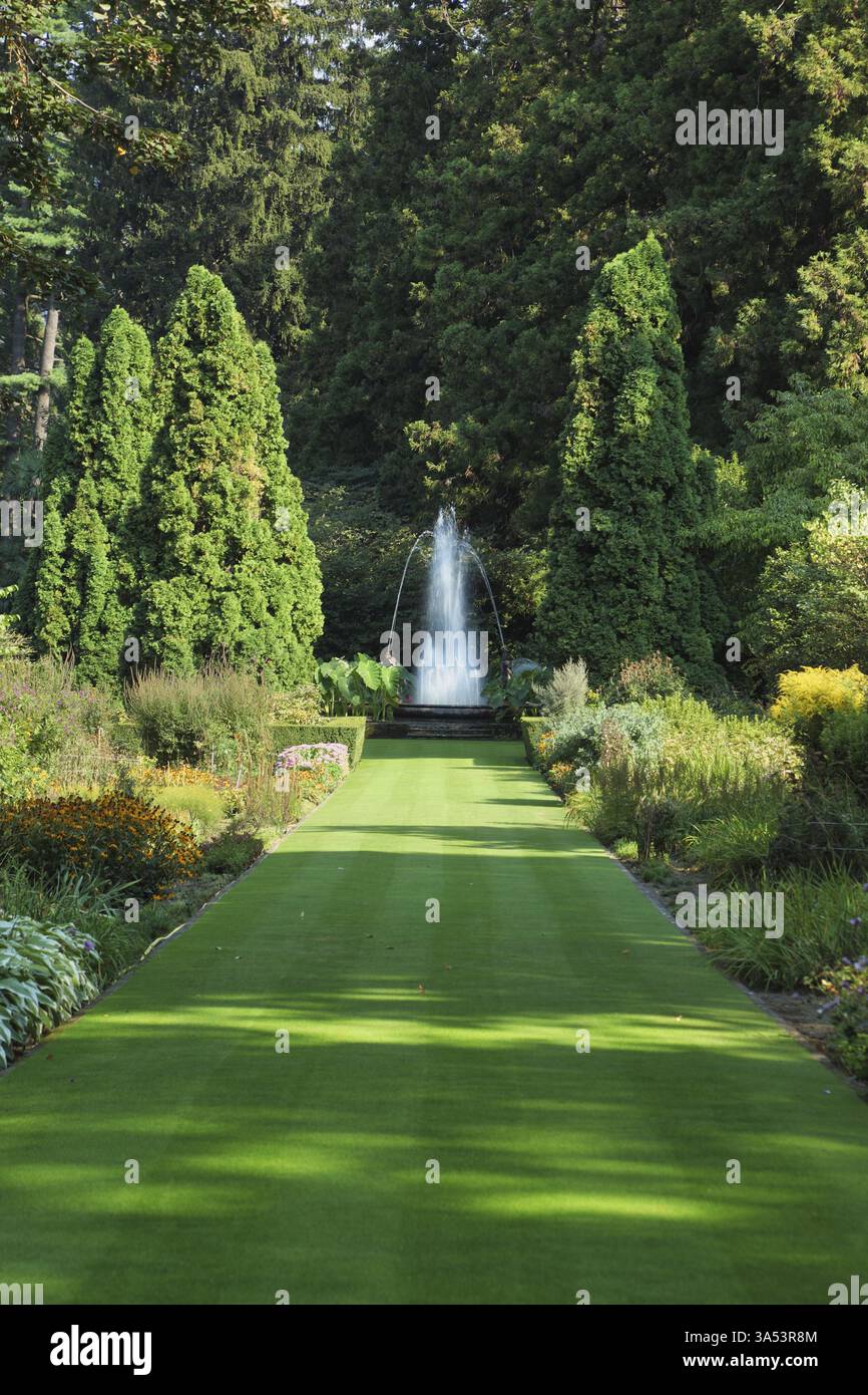 Magnificent park. Green grass road to the charming fountain Stock Photo ...