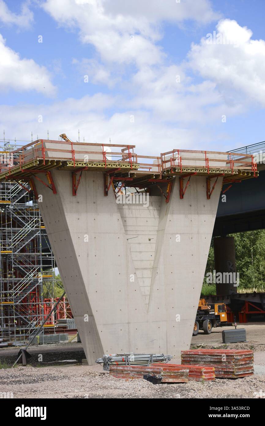 The new construction of a motorway bridge with a V-shaped concrete ...