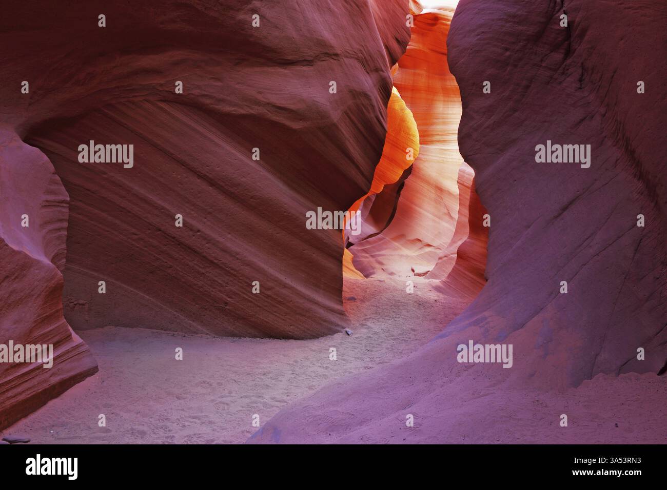 Glowing colorful underground footpath. Famous slot Antelope canyon in ...
