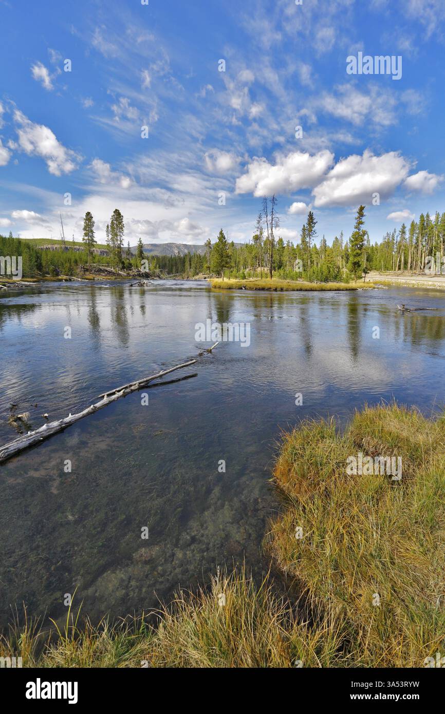 The shallow river in the north of the USA. The river bed is covered by ...