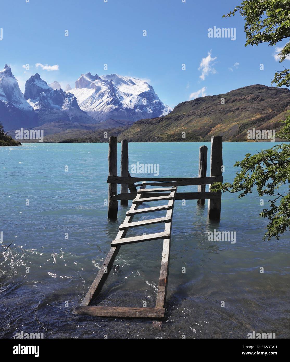 Boat dock on Lake Pehoe. The National Park Torres del Paine, Chile. On ...