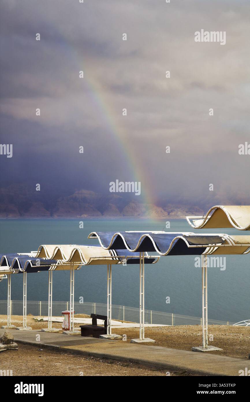 Magnificent rainbow during a spring thunder-storm on the Dead Sea Stock ...
