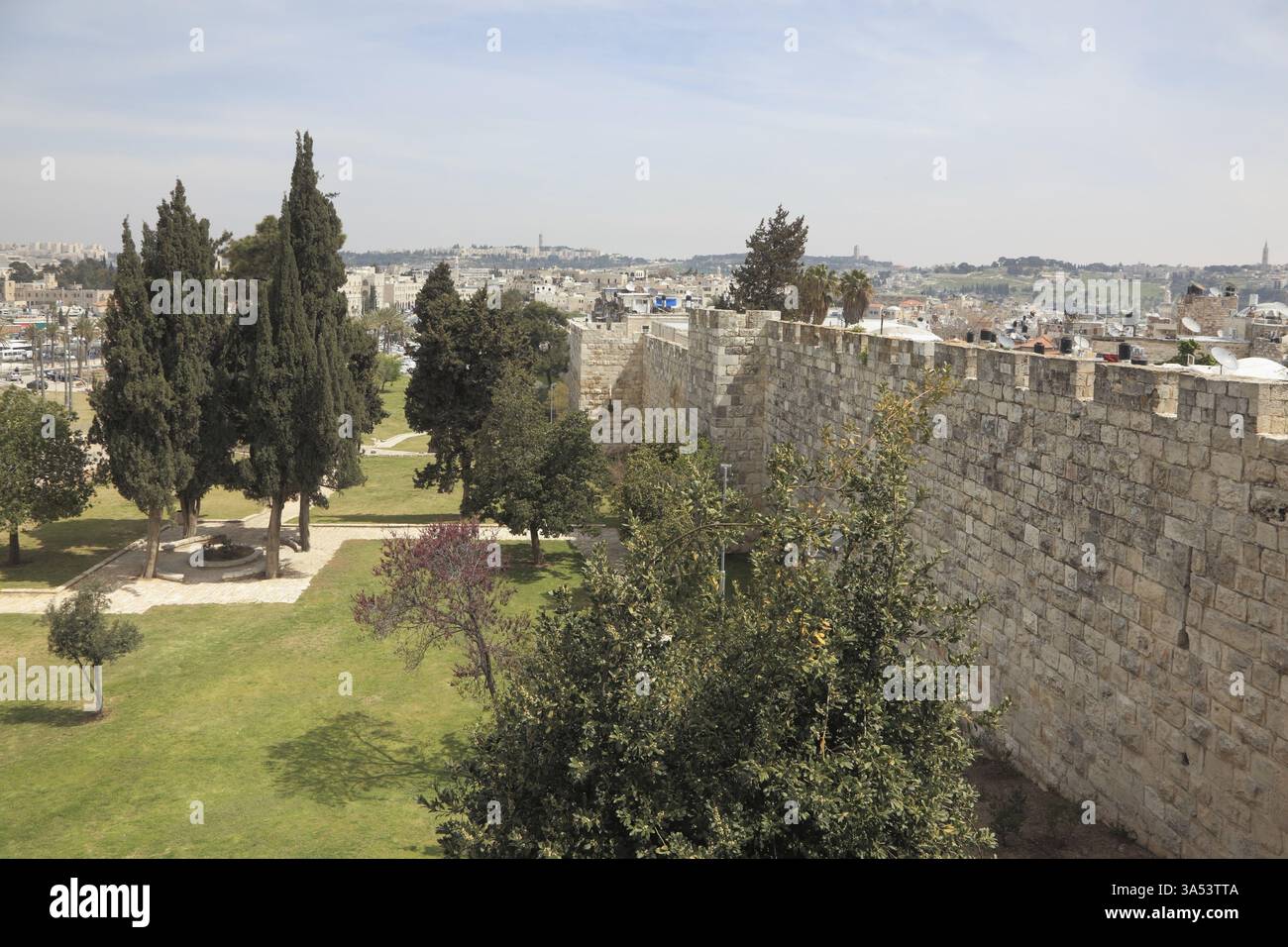 East Jerusalem from the walls surrounding the eternal city. The green ...