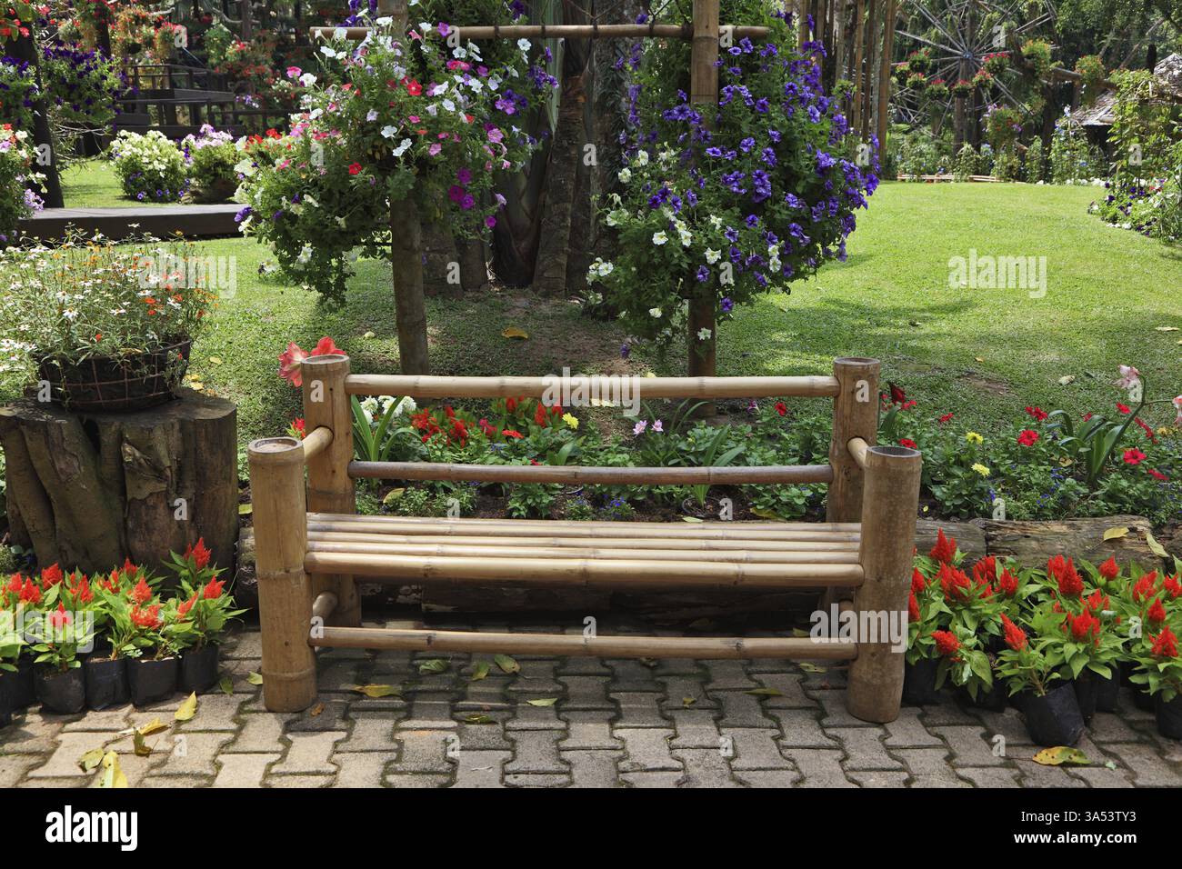 Palm trees, flower beds and a comfortable bench. A masterpiece of ...