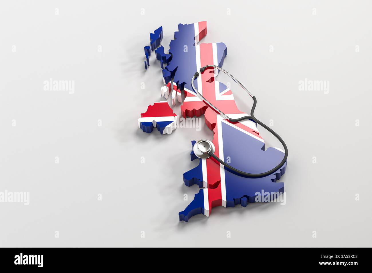 Healthcare in Great Britain concept: A stethoscope on a 3d map of Great ...