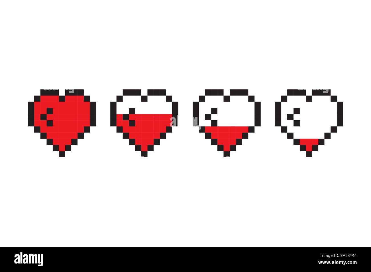 Pixel heart icons. Partial love meter. Vector health symbol. Retro red ...