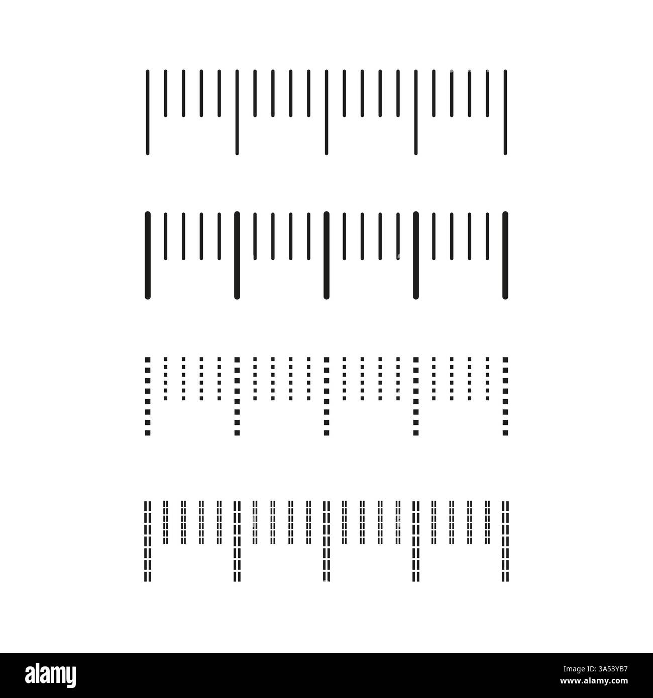 Ruler icon set. Measurement detail shapes. Dashed line graphics. Black ...