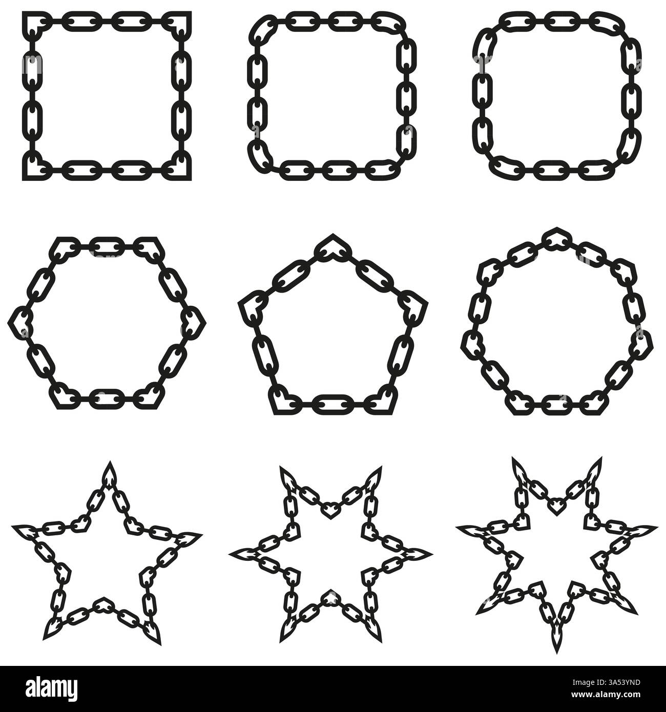 Geometric chain frames. Black linked shapes. Industrial metal symbols ...