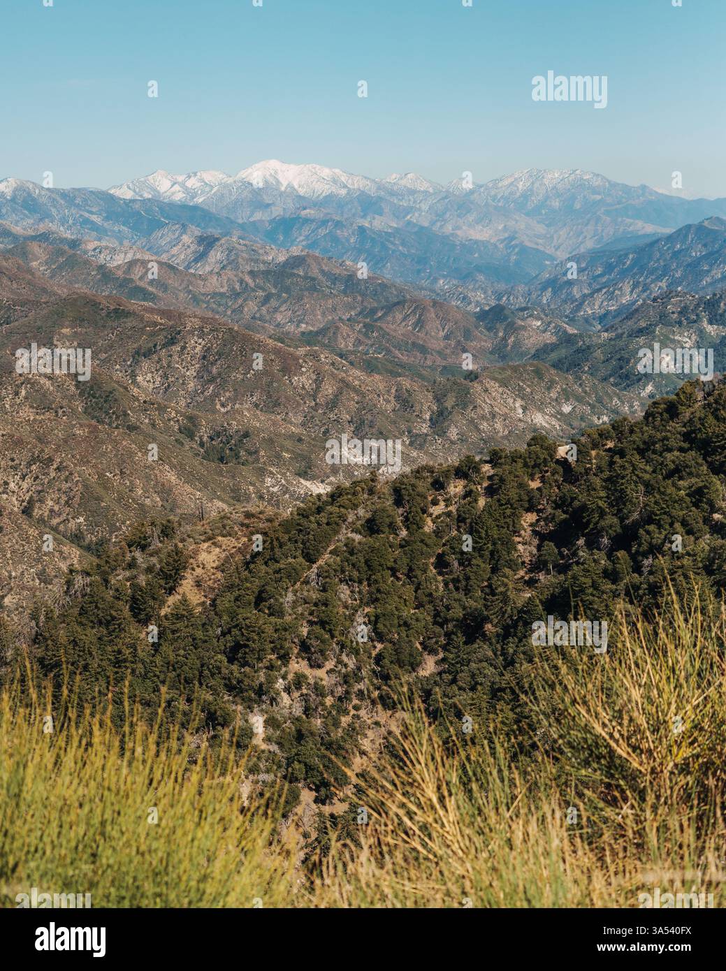 View of snowy mountains from Mount Wilson in Angeles National Forest ...