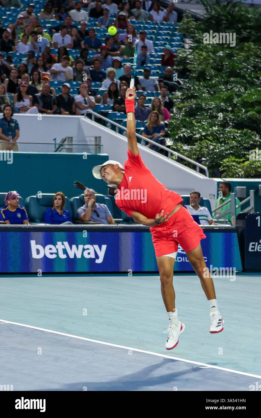 MIAMI GARDENS, FL - MARCH 20: Learner Tien (USA) in action during a 1st Round match against Joao ...