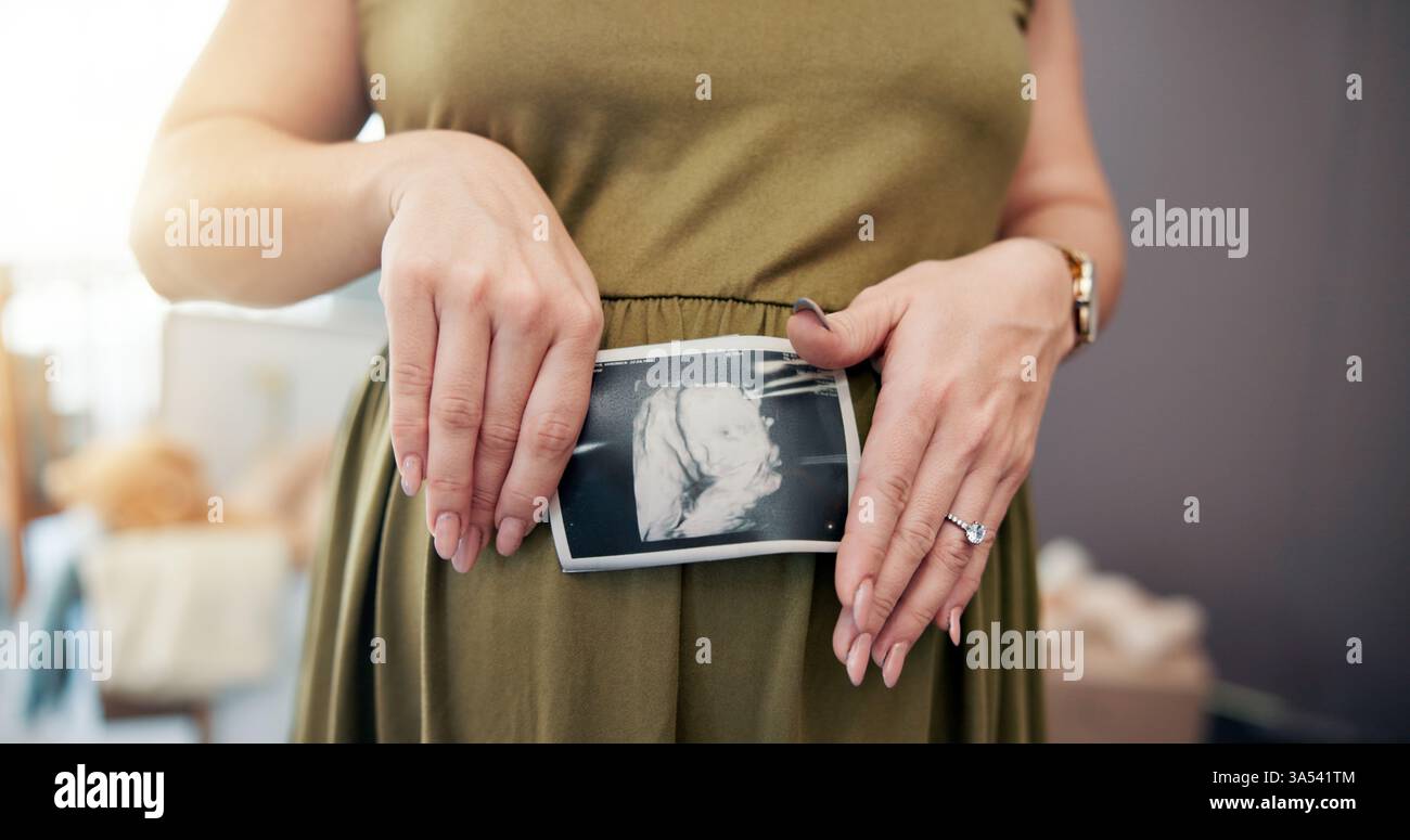 Sonogram, pregnancy and hands of woman in home for family, prenatal ...