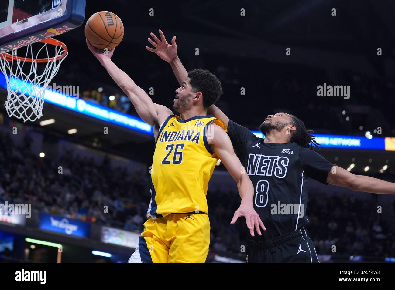 Indiana Pacers guard Ben Sheppard (26) shoots in front of Brooklyn Nets ...