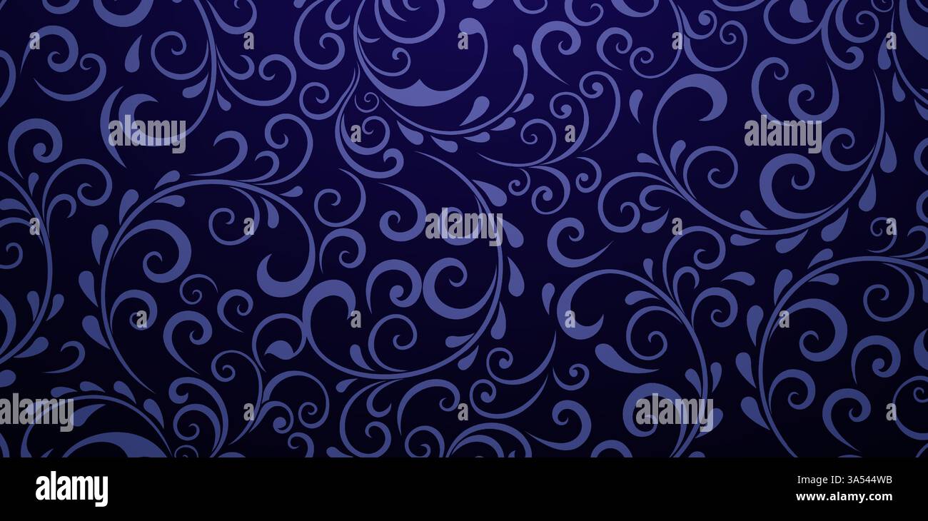 dark blue seamless pattern with floral swirls in the style of baroque ...