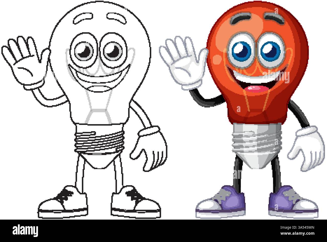 Vector illustration of two animated light bulb characters, one colored ...