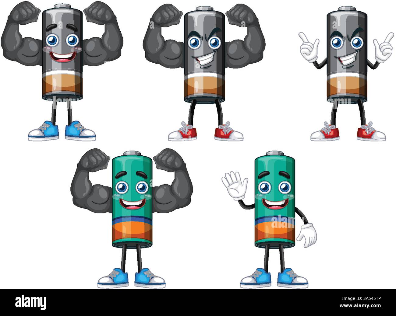 Vector illustration of cartoon batteries with muscular arms, vibrant ...