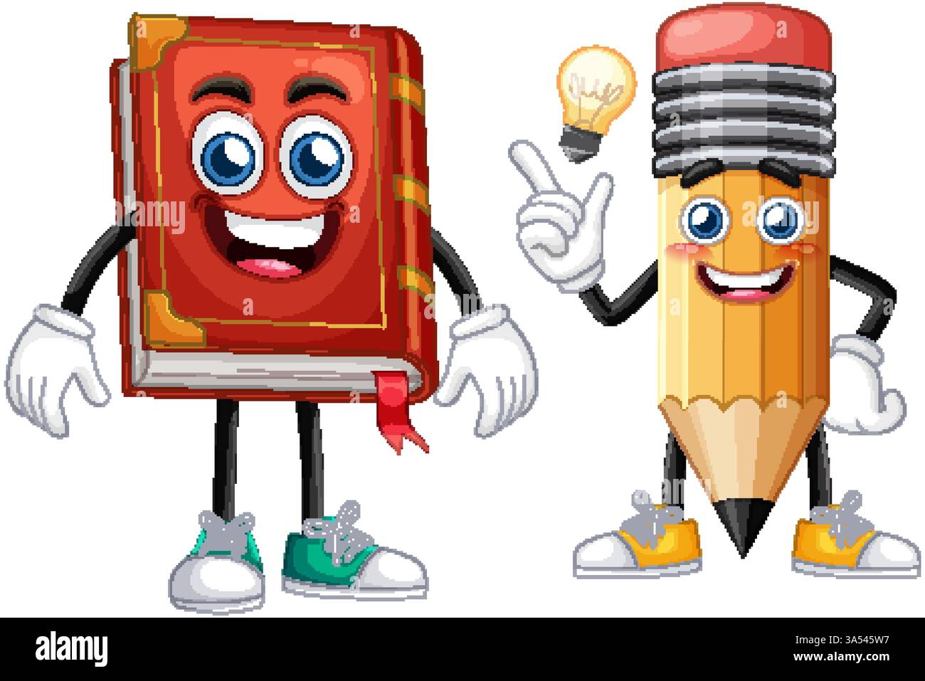 Vector illustration of a smiling book and pencil with expressive faces ...