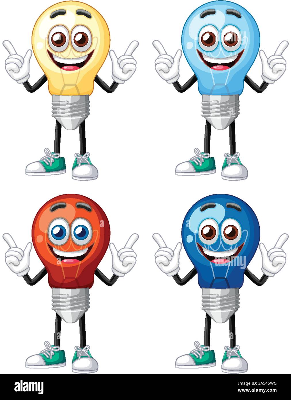 Vector illustration of four vibrant cartoon light bulb characters with ...