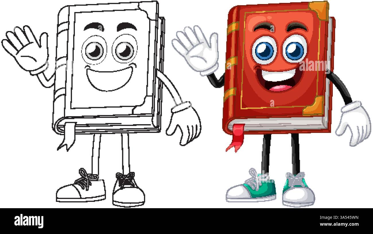 Vector illustration of two animated book characters, one colored and ...