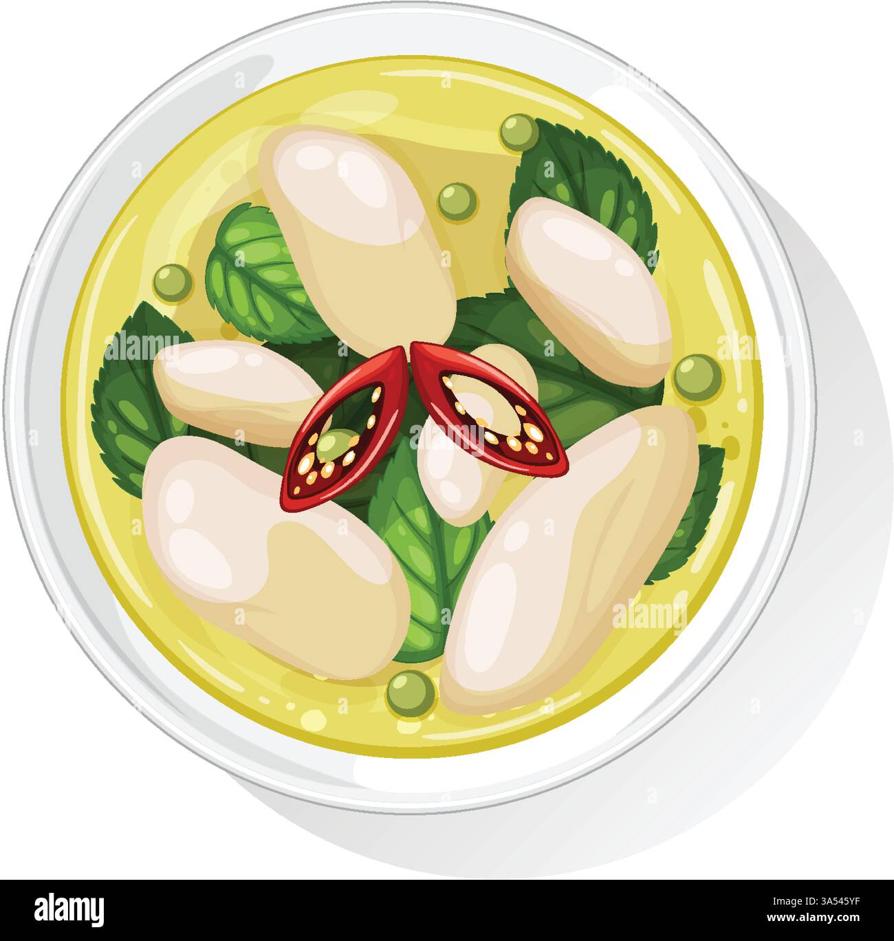 Vector illustration of Thai green curry with beans and red chili ...