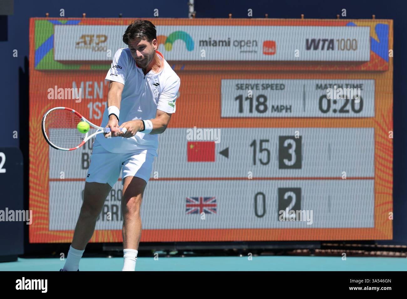 MIAMI GARDENS, FLORIDA - MARCH 20: Yunchaokete Bu of China defeats Cameron Norrie of Great ...