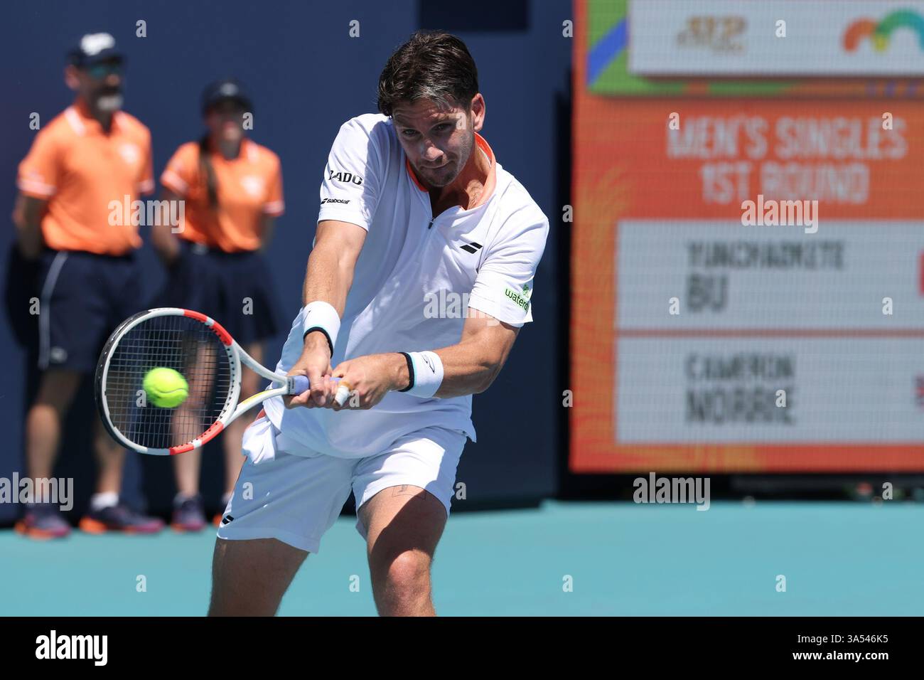 Miami Gardens, Florida, USA. 20th Mar, 2025. Yunchaokete Bu of China defeats Cameron Norrie of ...