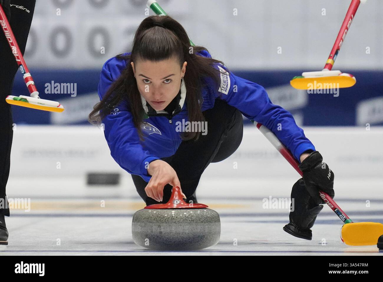 Italy's skip Stefania Constantini releases the stone during the match ...