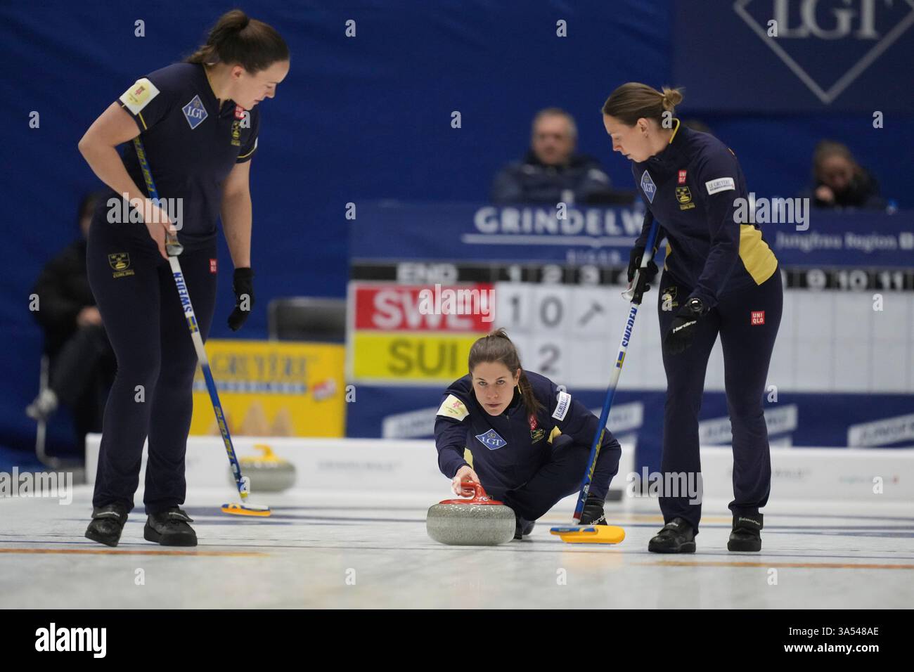 Sweden's skip Anna Hasselborg releases the stone during the match ...