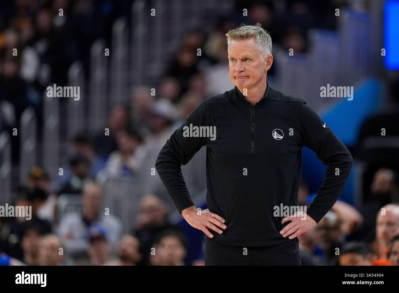Golden State Warriors head coach Steve Kerr watches during the first half of an NBA basketball ...