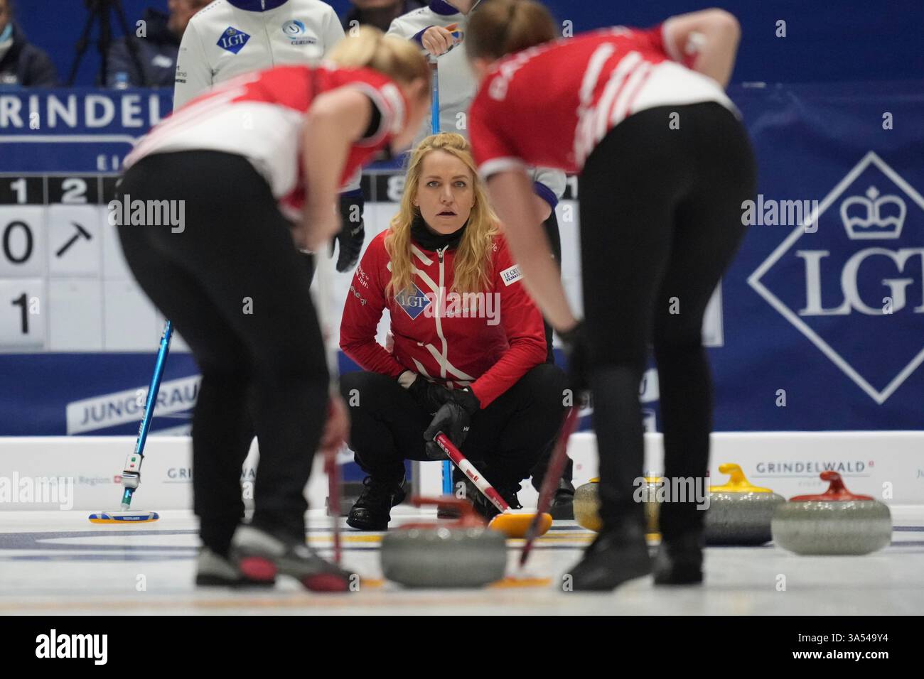 Denmark's skip Madeleine Dupont calls the sweep during the match ...