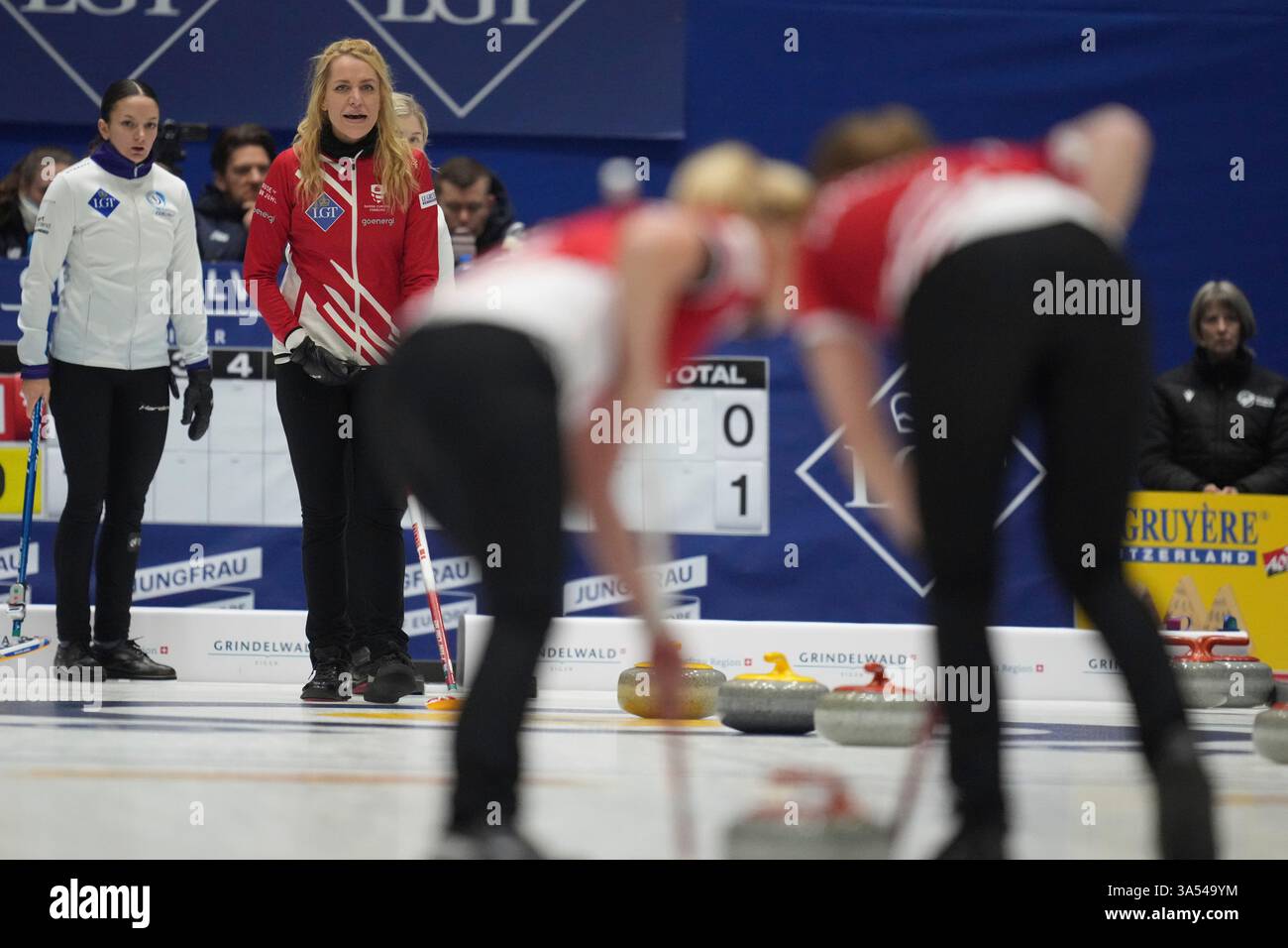 Denmark's skip Madeleine Dupont calls the sweep during the match ...
