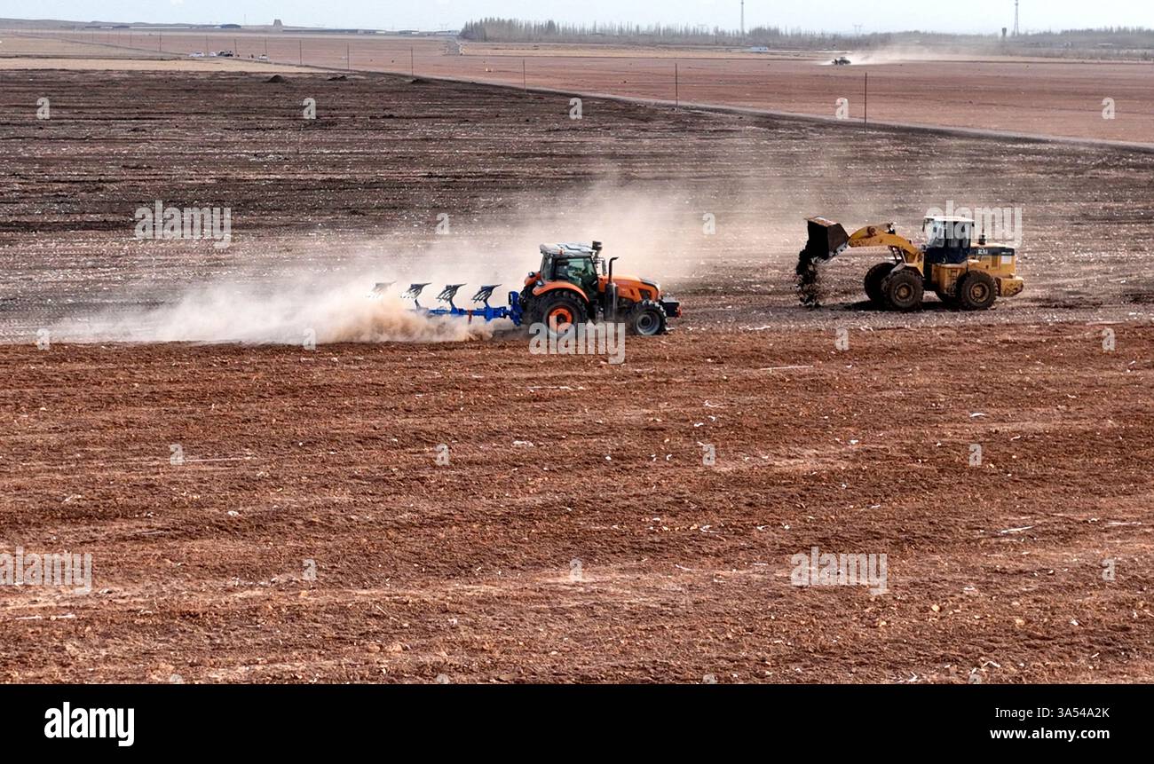 ZHANGYE, CHINA - MARCH 20, 2025 - Farmers use a rotary tiller pulled by ...