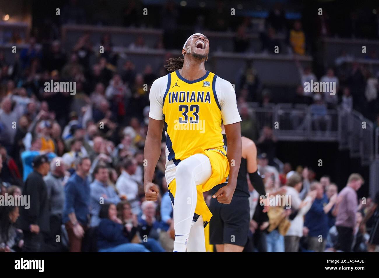 Indiana Pacers center Myles Turner (33) celebrates after blocking a ...